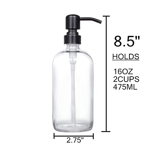 2 Pack Thick Clear Glass Pint Jar Soap Dispenser with Matte Black Stainless Steel Pump, 16ounce Clear Boston Round Bottles Dispenser with Rustproof Pump for Essential Oil, Lotion Soap