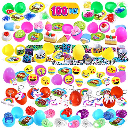 100-Pcs Easter Eggs with Toys Inside I Prefilled Easter Eggs Includes Slap Bracelets, Sticky Hands, Light Up Rings & More I Plastic Easter Egg Fillers for Your Easter Egg Hunt Bulk Easter Party Favors