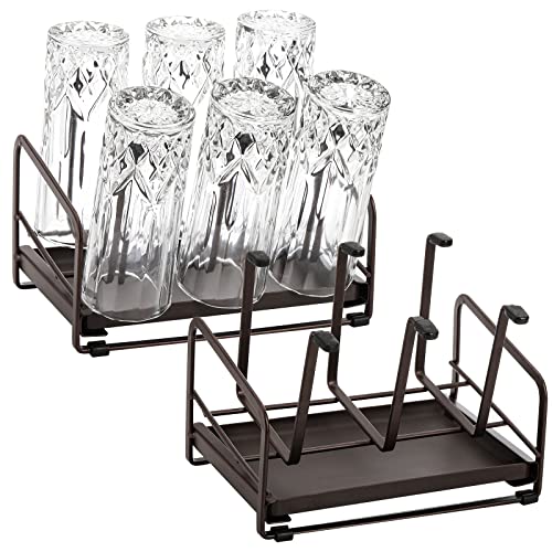 Lyellfe 2 Pack Cup Drying Rack, Glass Bottle Holder with Drain Tray, Silicone Protective Hooks, Carbon Steel Non Slip Cup Mug Organizer Tree for Glass, Coffee Mug, Countertop, Brown