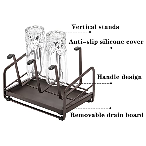 Lyellfe 2 Pack Cup Drying Rack, Glass Bottle Holder with Drain Tray, Silicone Protective Hooks, Carbon Steel Non Slip Cup Mug Organizer Tree for Glass, Coffee Mug, Countertop, Brown