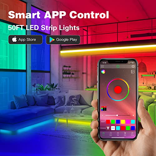 FONEWE 50ft Led Lights for Bedroom Led Strip Lights Led Light Strip with App Led Lights for Home Decoration