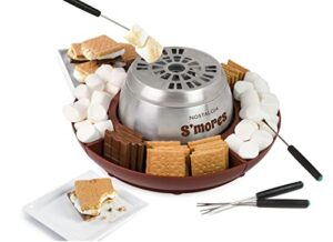 nostalgia electric s’mores maker, tabletop indoor machine with 4 compartment trays for graham crackers, chocolate, marshmallows, 4 forks, stainless steel