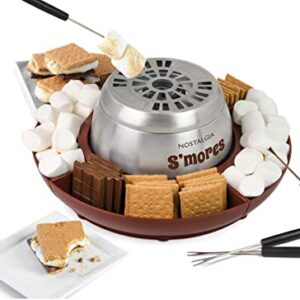 Nostalgia Electric S'mores Maker, Tabletop Indoor Machine with 4 Compartment Trays for Graham Crackers, Chocolate, Marshmallows, 4 Forks, Stainless Steel