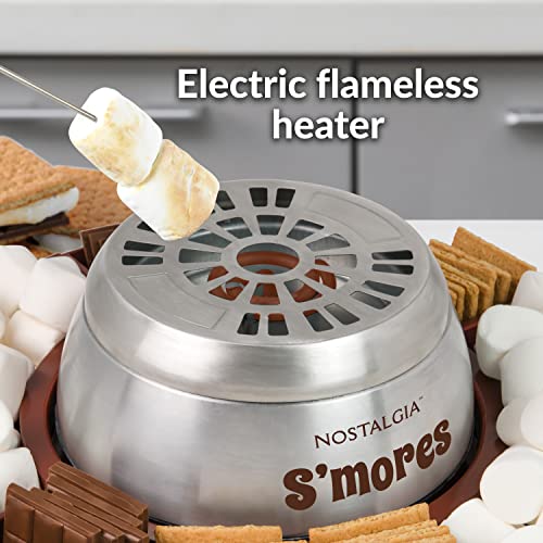 Nostalgia Electric S'mores Maker, Tabletop Indoor Machine with 4 Compartment Trays for Graham Crackers, Chocolate, Marshmallows, 4 Forks, Stainless Steel