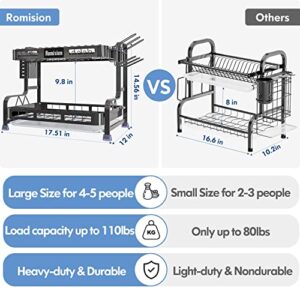 romision 2 Tier Dish Drying Rack, 304 Stainless Steel Large Dish Rack and Drainboard Set with Utensil Holder, Cup Holder and Water Tray, Dish Drainer for Kitchen Counter Space-Saving(Black)