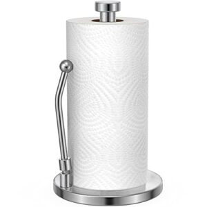 SMARTAKE Paper Towel Holder for One Hand Tear, Paper Towel Dispenser Standing Weighted Base Non Slip, Spring Arm Fit Most Size Paper Roll, Stainless Steel Paper Towel for Kitchen Countertop Silver