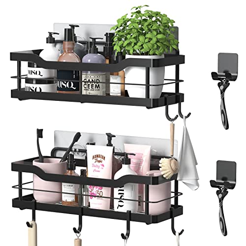 Carwiner Shower Caddy Bathroom Shelf 2-Pack, Basket with 8 Hooks for Hanging Shampoo Conditioner, Stainless Steel Rack Wall Mounted Storage Organizer for Kitchen, No Drilling (Black)