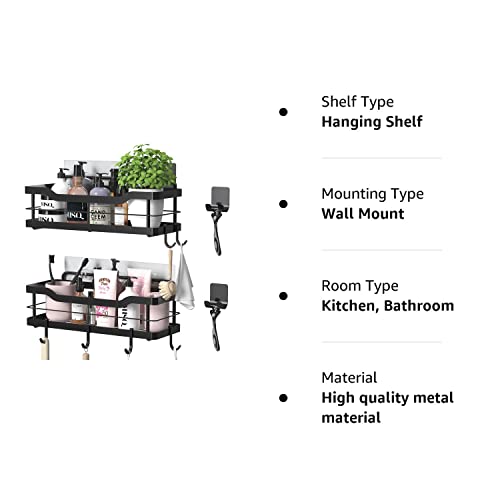 Carwiner Shower Caddy Bathroom Shelf 2-Pack, Basket with 8 Hooks for Hanging Shampoo Conditioner, Stainless Steel Rack Wall Mounted Storage Organizer for Kitchen, No Drilling (Black)