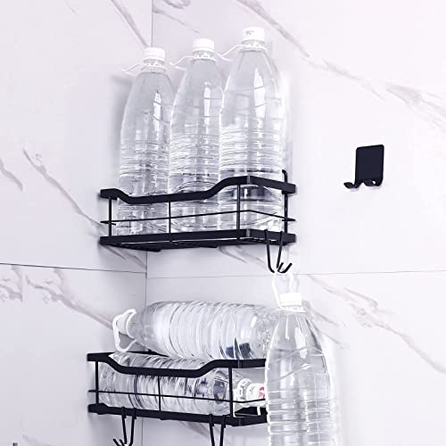 Carwiner Shower Caddy Bathroom Shelf 2-Pack, Basket with 8 Hooks for Hanging Shampoo Conditioner, Stainless Steel Rack Wall Mounted Storage Organizer for Kitchen, No Drilling (Black)