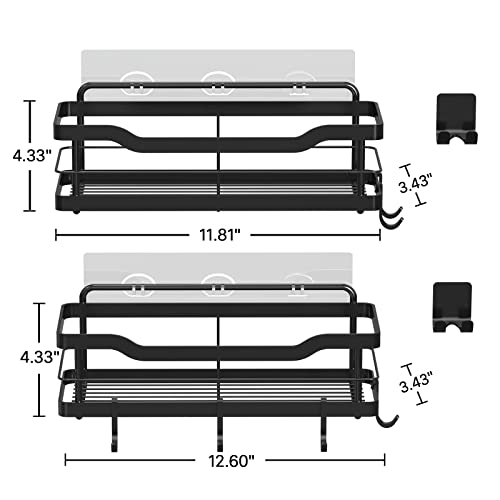 Carwiner Shower Caddy Bathroom Shelf 2-Pack, Basket with 8 Hooks for Hanging Shampoo Conditioner, Stainless Steel Rack Wall Mounted Storage Organizer for Kitchen, No Drilling (Black)