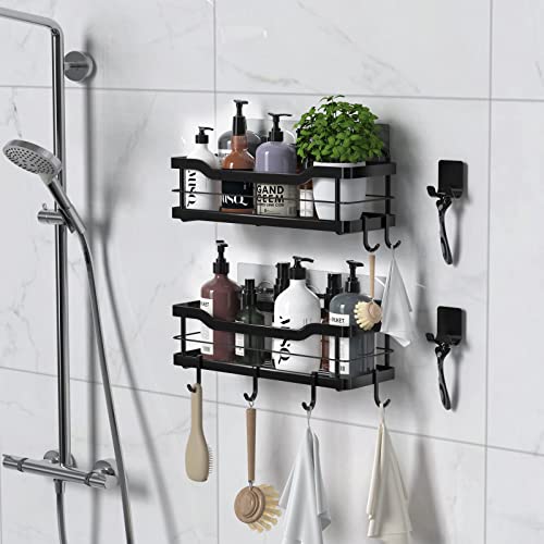 Carwiner Shower Caddy Bathroom Shelf 2-Pack, Basket with 8 Hooks for Hanging Shampoo Conditioner, Stainless Steel Rack Wall Mounted Storage Organizer for Kitchen, No Drilling (Black)