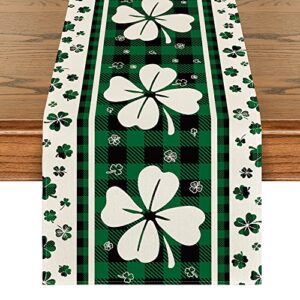 artoid mode green clover buffalo plaid shamrocks st.patrick’s day table runner, seasonal kitchen dining table decoration for indoor home party 13×72 inch