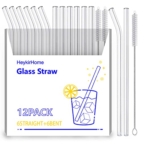 HeykirHome 12-Pack Disposable Glass Straw,Size 8.5''x10 MM,Including 6 Straight and 6 Bent with 2 Cleaning Brush- Perfect For Smoothies, Tea, Juice