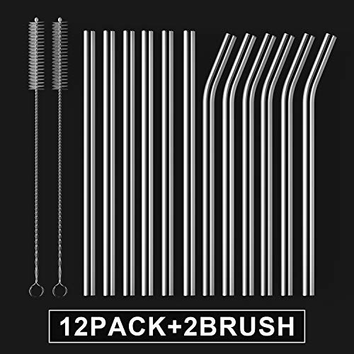 HeykirHome 12-Pack Disposable Glass Straw,Size 8.5''x10 MM,Including 6 Straight and 6 Bent with 2 Cleaning Brush- Perfect For Smoothies, Tea, Juice