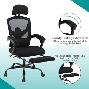 Ergonomic Office Chair, Reclining High Back Mesh Chair, Computer Desk Chair, Swivel Rolling Home Task Chair with Lumbar Support Pillow, Adjustable Headrest, Retractable Footrest and Padded Armrests