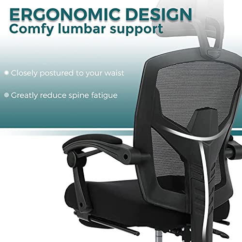 Ergonomic Office Chair, Reclining High Back Mesh Chair, Computer Desk Chair, Swivel Rolling Home Task Chair with Lumbar Support Pillow, Adjustable Headrest, Retractable Footrest and Padded Armrests