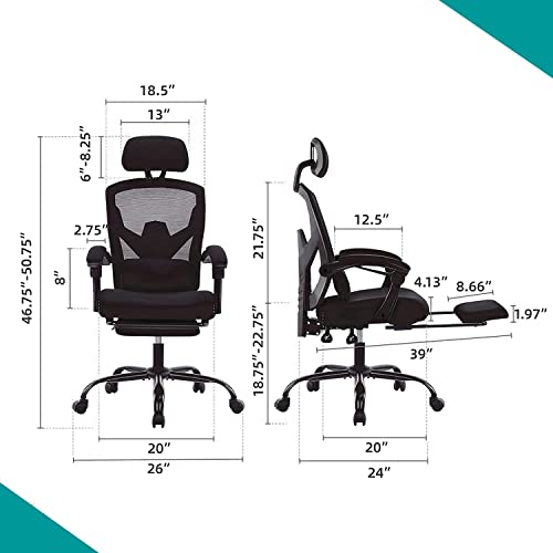 Ergonomic Office Chair, Reclining High Back Mesh Chair, Computer Desk Chair, Swivel Rolling Home Task Chair with Lumbar Support Pillow, Adjustable Headrest, Retractable Footrest and Padded Armrests