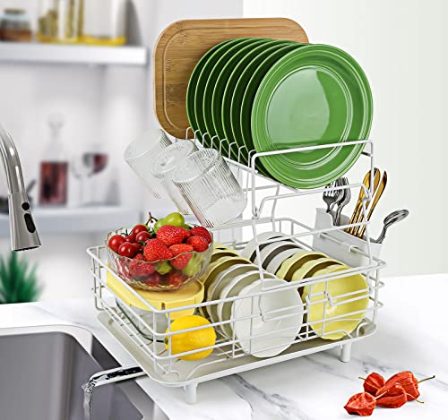 ideaglass Dish Drying Rack with Drainboard - 2 Tier Dish Racks for Kitchen Counter, Dish Drain Large, Stainless Steel Dish Strainer Set, White