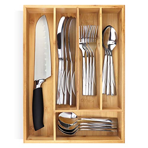 Pristine Bamboo Silverware Organizer– Utensil Organizer for Kitchen Drawers – Small Extra-Deep Wooden Kitchen Drawer Organizer Divider for Spoons Forks Knives cutleries