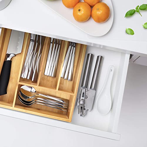 Pristine Bamboo Silverware Organizer– Utensil Organizer for Kitchen Drawers – Small Extra-Deep Wooden Kitchen Drawer Organizer Divider for Spoons Forks Knives cutleries