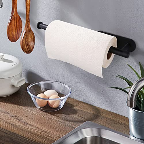 Paper Towel Holder Under Cabinet 13 Inches Stainless Steel Self Adhesive Paper Towel Holder Wall Mount for Kitchen, Pantry, Bathroom, Living Room (Black)