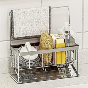 sink sponge holder,sink caddy kitchen sink organizer,kitchen sink organizer with auto drain pan,stainless steel 304 dish sponge holder for kitchen sink countertop brush soap dispenser with dish towel