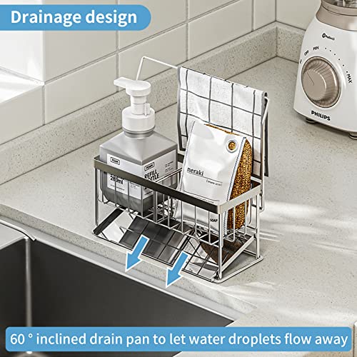 sink sponge holder,sink caddy kitchen sink organizer,Kitchen Sink Organizer with Auto Drain Pan,Stainless Steel 304 Dish Sponge Holder for Kitchen Sink Countertop Brush Soap Dispenser with Dish Towel