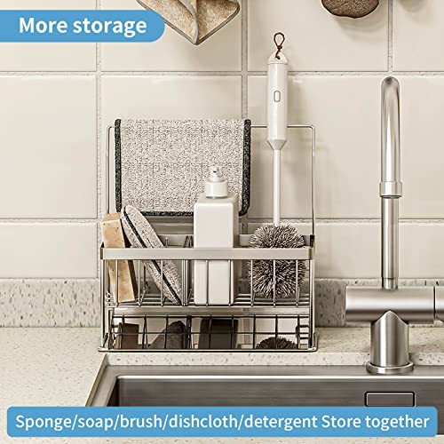 sink sponge holder,sink caddy kitchen sink organizer,Kitchen Sink Organizer with Auto Drain Pan,Stainless Steel 304 Dish Sponge Holder for Kitchen Sink Countertop Brush Soap Dispenser with Dish Towel