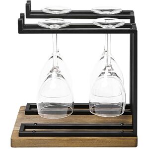 MyGift Industrial Metal Wine Glass Rack Holder Stand with 2 Hanger Bars and Rustic Wooden Base, Countertop Hanging Stemware Holder