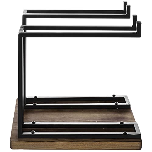 MyGift Industrial Metal Wine Glass Rack Holder Stand with 2 Hanger Bars and Rustic Wooden Base, Countertop Hanging Stemware Holder