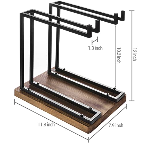 MyGift Industrial Metal Wine Glass Rack Holder Stand with 2 Hanger Bars and Rustic Wooden Base, Countertop Hanging Stemware Holder