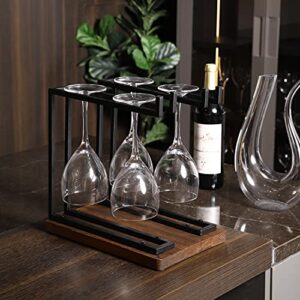 MyGift Industrial Metal Wine Glass Rack Holder Stand with 2 Hanger Bars and Rustic Wooden Base, Countertop Hanging Stemware Holder