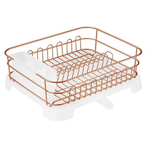 mDesign Alloy Steel Sink Dish Drying Rack Holder w/Plastic Swivel Spout Drainboard Tray - Dish Rack/Dish Drainer Storage Organizer for Kitchen Counter - Holds Plates, Concerto Collection, Copper/Clear