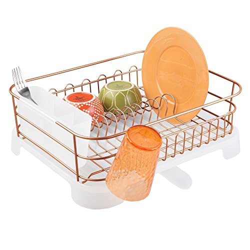 mDesign Alloy Steel Sink Dish Drying Rack Holder w/Plastic Swivel Spout Drainboard Tray - Dish Rack/Dish Drainer Storage Organizer for Kitchen Counter - Holds Plates, Concerto Collection, Copper/Clear