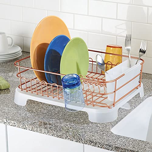 mDesign Alloy Steel Sink Dish Drying Rack Holder w/Plastic Swivel Spout Drainboard Tray - Dish Rack/Dish Drainer Storage Organizer for Kitchen Counter - Holds Plates, Concerto Collection, Copper/Clear