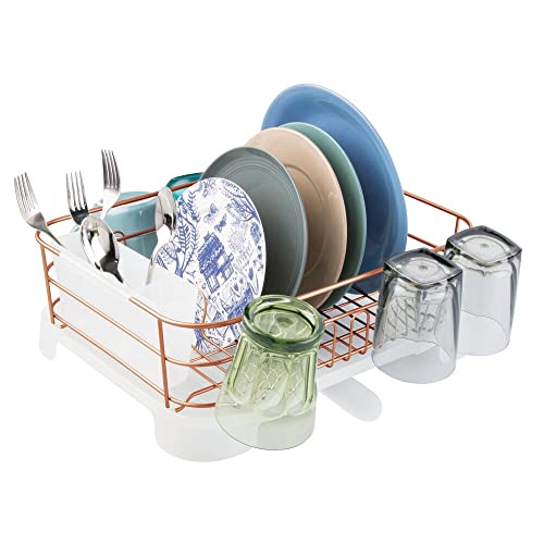 mDesign Alloy Steel Sink Dish Drying Rack Holder w/Plastic Swivel Spout Drainboard Tray - Dish Rack/Dish Drainer Storage Organizer for Kitchen Counter - Holds Plates, Concerto Collection, Copper/Clear