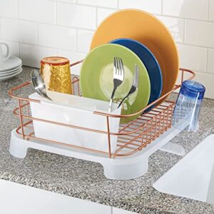 mDesign Alloy Steel Sink Dish Drying Rack Holder w/Plastic Swivel Spout Drainboard Tray - Dish Rack/Dish Drainer Storage Organizer for Kitchen Counter - Holds Plates, Concerto Collection, Copper/Clear