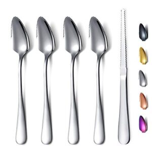 grapefruit spoons 5 pieces set, 4 stainless steel grapefruit spoon and 1 grapefruit knife with titanium plating, grapefruit utensil set, serrated edges spoon pack of 5 ( silver)