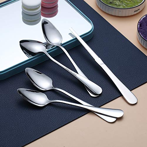 Grapefruit Spoons 5 Pieces Set, 4 Stainless Steel Grapefruit Spoon And 1 Grapefruit knife With Titanium Plating, Grapefruit Utensil Set, Serrated Edges Spoon pack of 5 ( Silver)