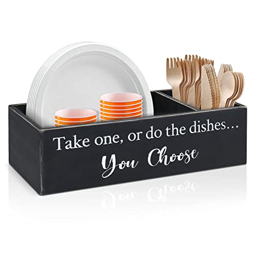 Kitchen Countertop Plate Organizer Box for Kitchen Decor, Paper Plate Holders, Disposable Dish Holder for Party,BBQ,Rustic Kitchen Utensil Caddy for Cups, Forks, Spoons, Plates, Napkins, Condiments