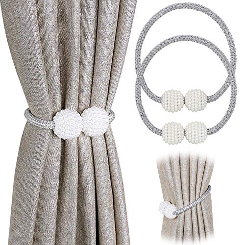 [2 Pack] Magnetic Curtain Tiebacks Convenient Drape Tie Backs - Pinowu Pearl Decorative Rope Holdback Holder for Small, Thin or Sheer Window Drapries (Gray)