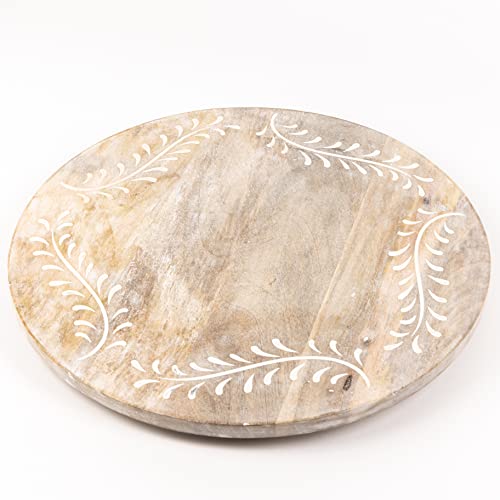 Husq Home | Unique Wooden Lazy Susan with Vine Detail, Rotating Kitchen Organizer, Spinner Display Stand with Carved Detail