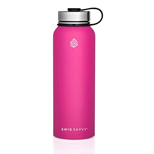 Swig Savvy Sports Water Bottle, Vacuum Insulated Stainless Steel, Double-Wall, Insulated Wide Mouth Leakproof Lid, for Hiking, Camping, Sports, and School - 32 Oz (Pink)