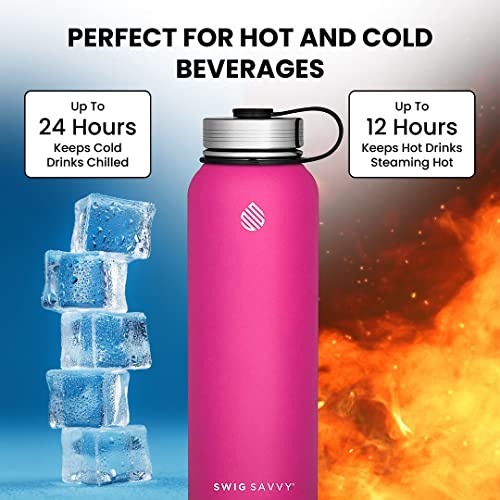 Swig Savvy Sports Water Bottle, Vacuum Insulated Stainless Steel, Double-Wall, Insulated Wide Mouth Leakproof Lid, for Hiking, Camping, Sports, and School - 32 Oz (Pink)