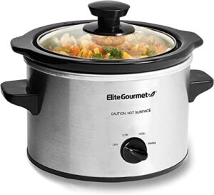 elite gourmet mst-250xs electric slow cooker ceramic pot, adjustable temp, entrees, sauces, stews & dips, dishwasher safe glass lid & crock, 1.5 quart, stainless steel