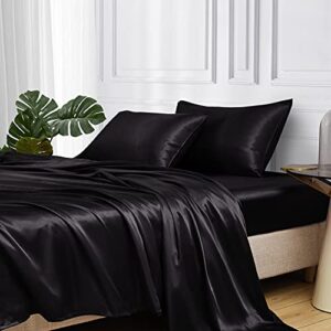 mr&hm satin bed sheets, queen size sheets set, 4 pcs silky bedding set with 15 inches deep pocket for mattress (queen, black)