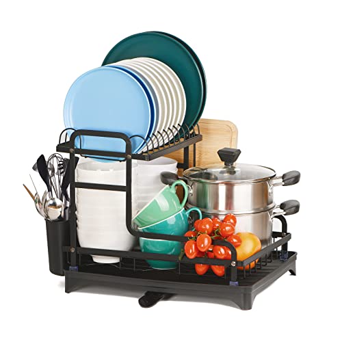 HappyHapi Dish Drying Rack for Kitchen Counter, 2-Tier Rustproof Drying Rack Set with Drainboard, Utensil Holder & Cutting-Board Holder, Large Capacity Dish Rack Dish Drainer for Kitchen, Black