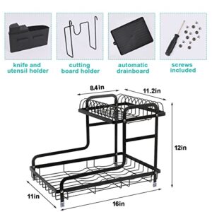 HappyHapi Dish Drying Rack for Kitchen Counter, 2-Tier Rustproof Drying Rack Set with Drainboard, Utensil Holder & Cutting-Board Holder, Large Capacity Dish Rack Dish Drainer for Kitchen, Black