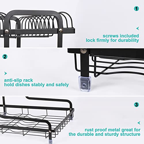 HappyHapi Dish Drying Rack for Kitchen Counter, 2-Tier Rustproof Drying Rack Set with Drainboard, Utensil Holder & Cutting-Board Holder, Large Capacity Dish Rack Dish Drainer for Kitchen, Black