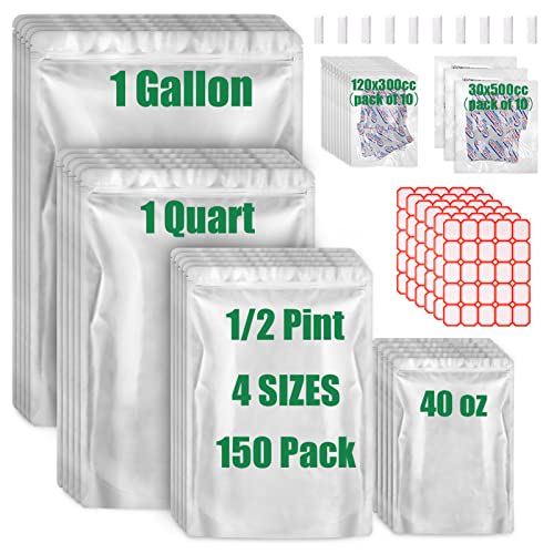 10.5 Mil 150 Mylar Bags for Food Storage with Oxygen Absorbers 500cc & 300cc, Mylar Bags 1 Gallon, 1 Quart, 1/2 Pint, 40 Oz, Stand-Up Zipper Resealable Bags & Heat Sealable Food Storage Bags + Labels